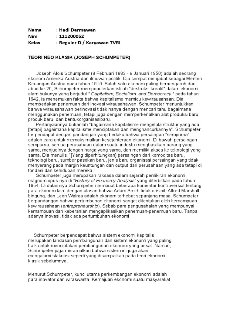 Makalah Teori Neo Klasik, Joseph Schumpeter (Hadi Darmawan) | PDF