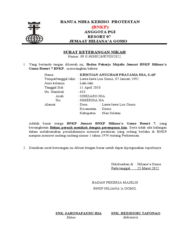 Surat Keterangan Nikah BNKP 2022 | PDF