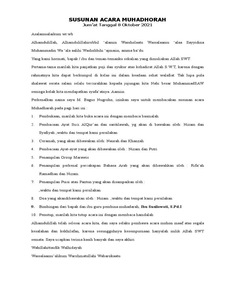 Susunan Acara Muhadhoroh Sekolah | PDF