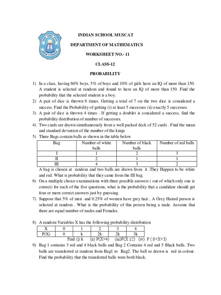 Class 12 Probability Questions Worksheet | PDF | Probability | Multiple ...
