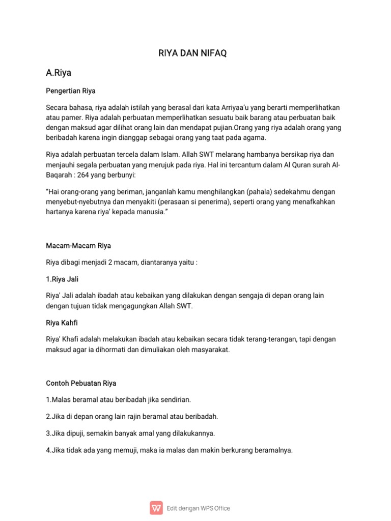 Riya' Dan Nifaq - Akidah Akhlak | PDF