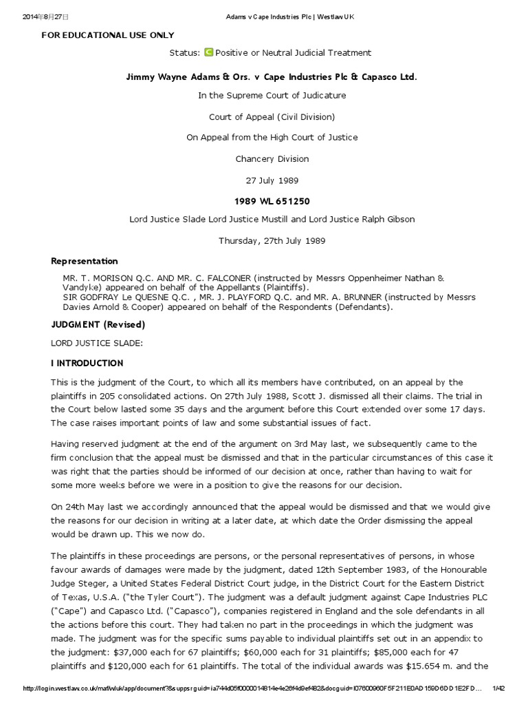Adams V Cape Industries PLC - Westlaw UK | PDF