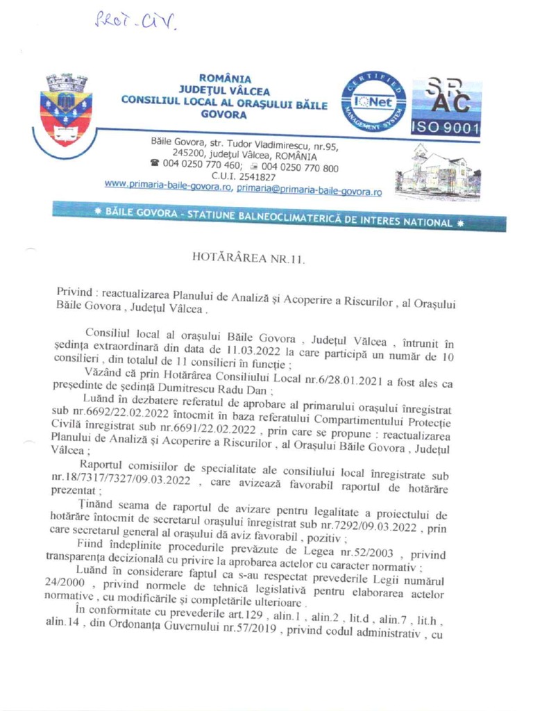 Plan de Analiza Si Acoperire A Riscurilor Oras Baile Govora 2022 | PDF