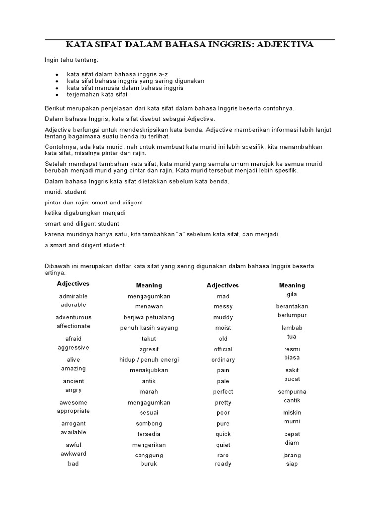 Kata Sifat Dalam Bahasa Inggris | PDF