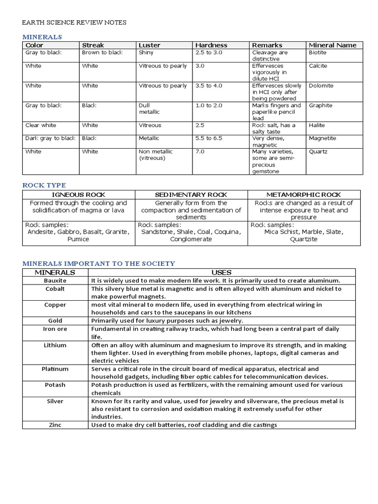 Earth Science Review Notes | Download Free PDF | Rock (Geology) | Minerals