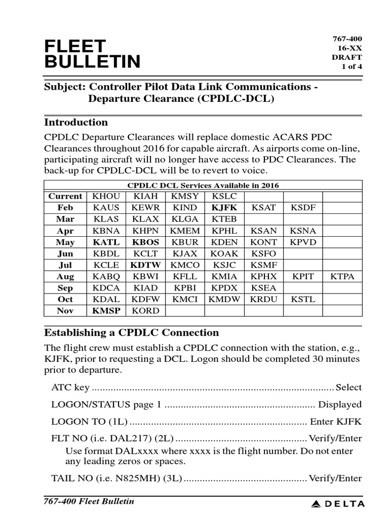 Fleet Bulletin: Subject: Controller Pilot Data Link Communications - Departure Clearance (CPDLC ...