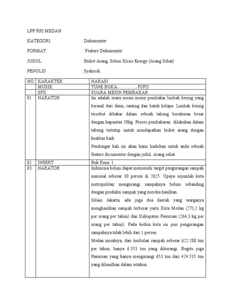 Naskah Dokumenter Arang Sehat | PDF