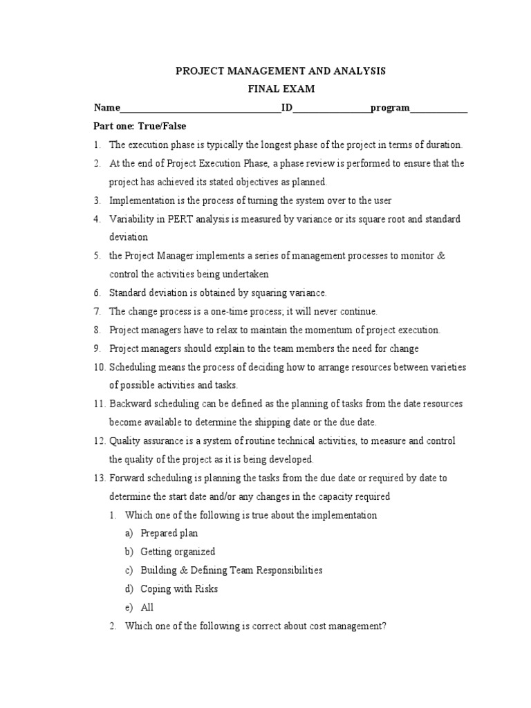 PROJECT MANAGEMENT Final Exam | PDF | Project Management | Evaluation PROJECT MANAGEMENT Final Exam | PDF | Project Management | Evaluation