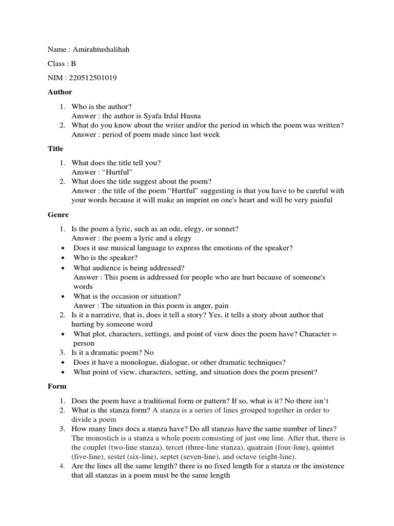 Amirahtushalihah - Mid Test Analyzing Poem | PDF | Poetry | Poetic Form Amirahtushalihah - Mid Test Analyzing Poem | PDF | Poetry | Poetic Form