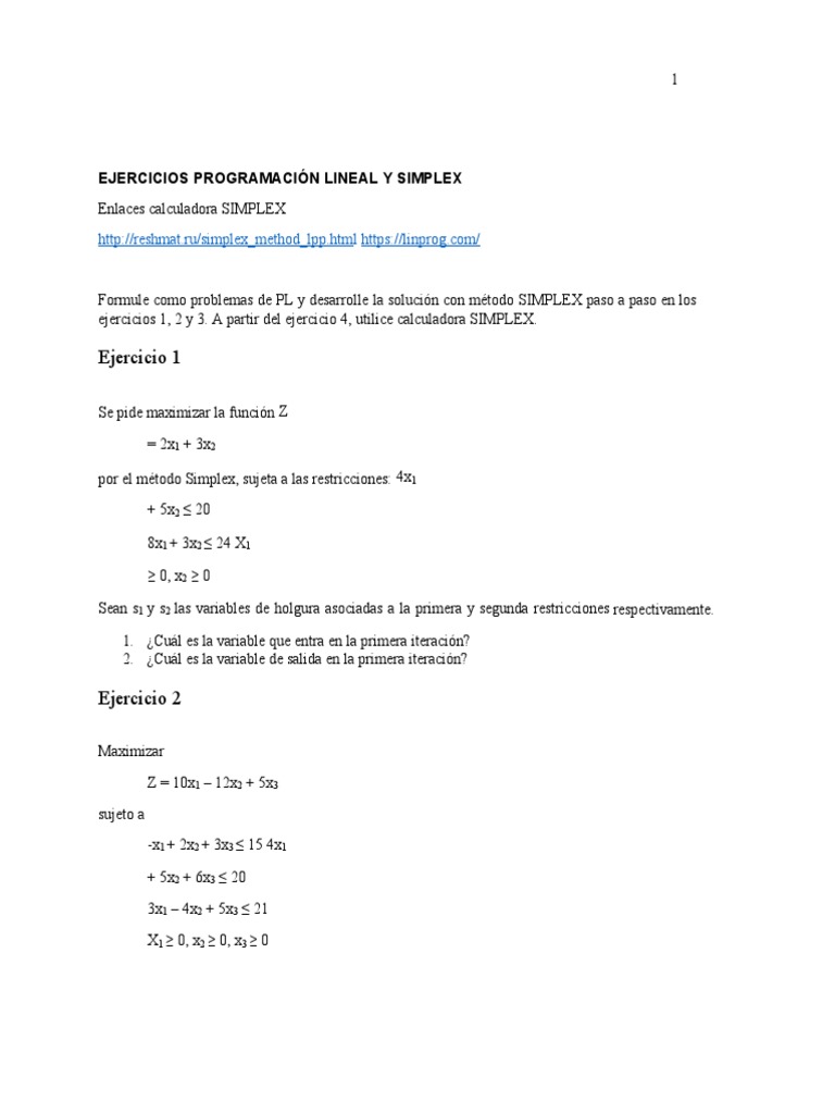 Ejercicios de Programación Lineal y Simplex 22GIOI | PDF | Programación ...