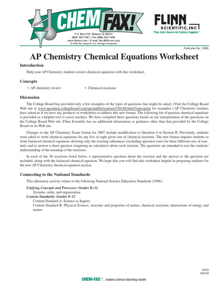 AP Chemistry Chemical Equations Worksheet: Chem-Fax | PDF