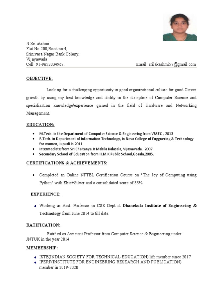 Mrs N.SRILAKSHMI RESUME | PDF | Engineering | Computer Science