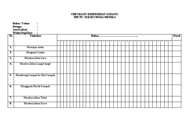 Checklist Kebersihan Gudang | PDF