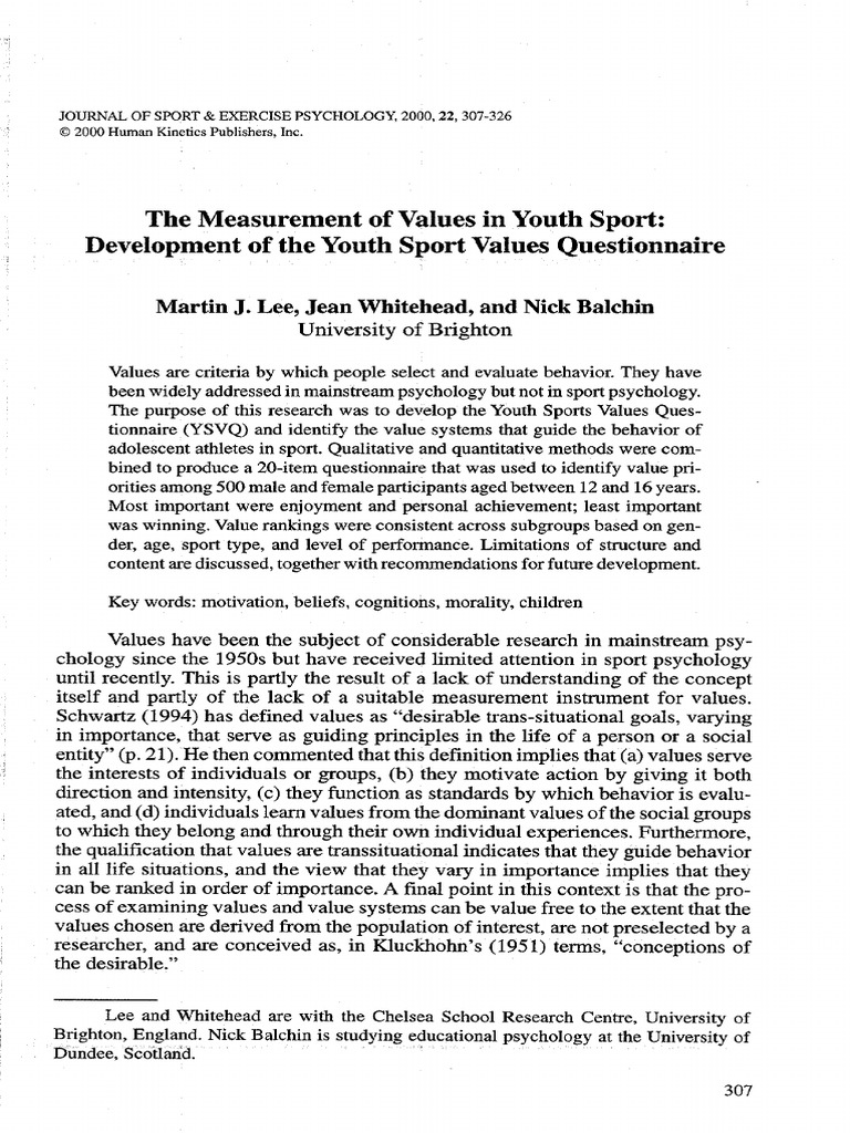 Lee Whitehead Balchin Youth Sport Values Questionnaire 2000 | PDF