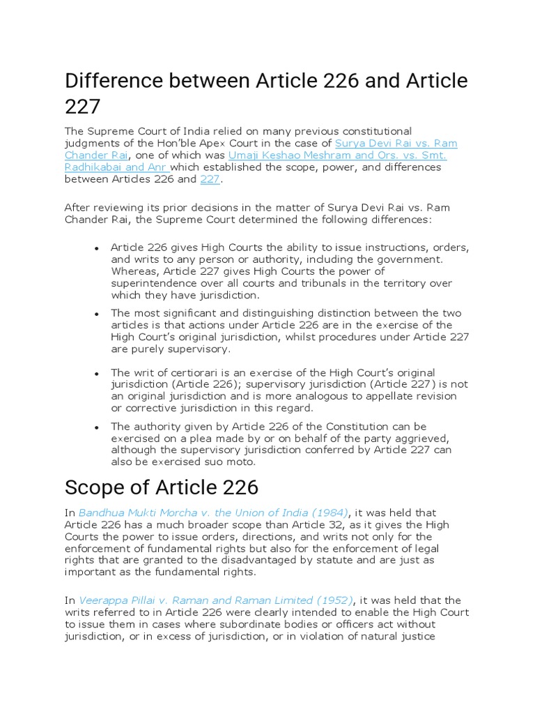Legal Scholars: Article 226 vs 227 | PDF | Jurisdiction | Writ