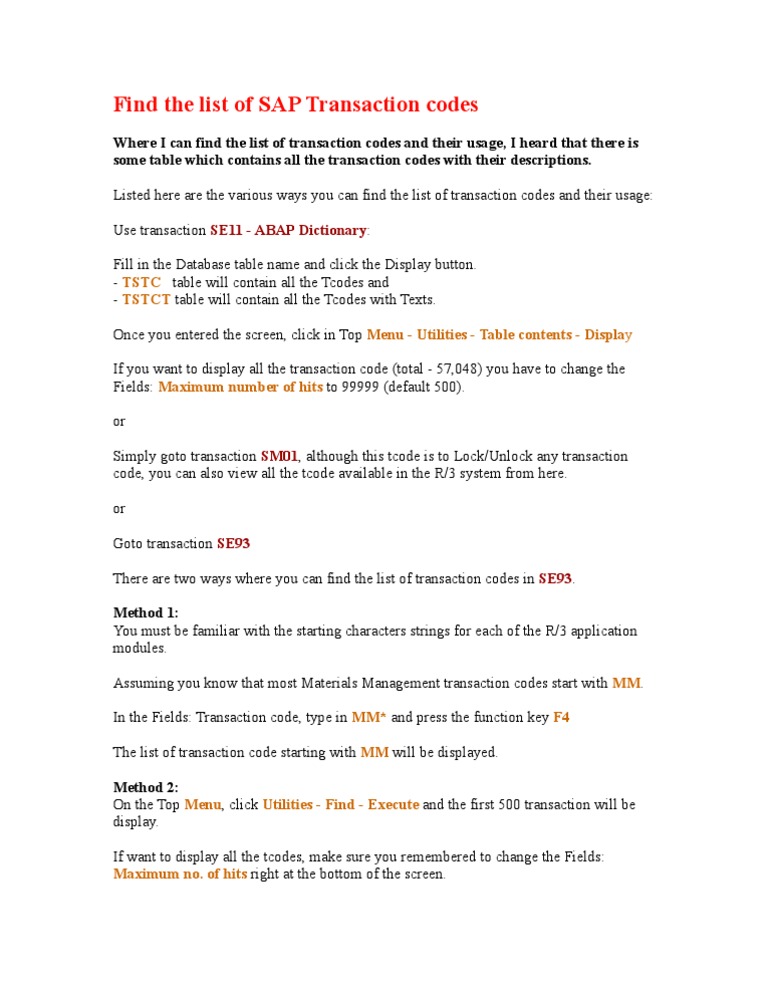 Find The List of SAP Transaction Codes | PDF | Areas Of Computer ...