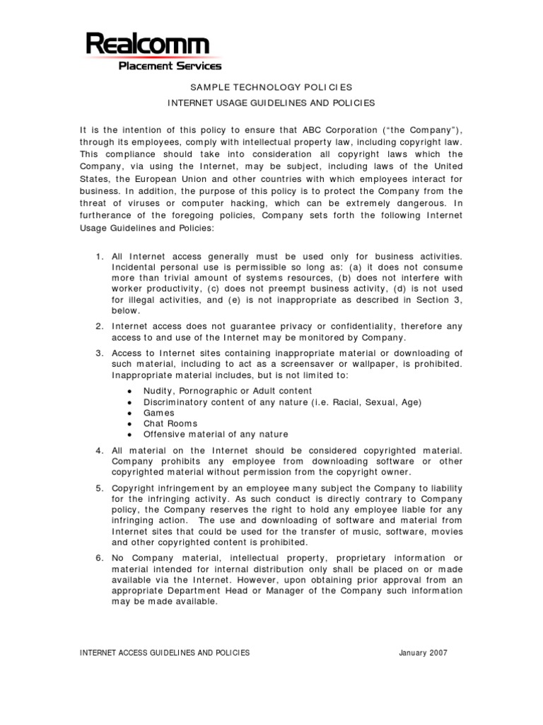 Sample Technology Policies: Internet Access Guidelines and Policies ...