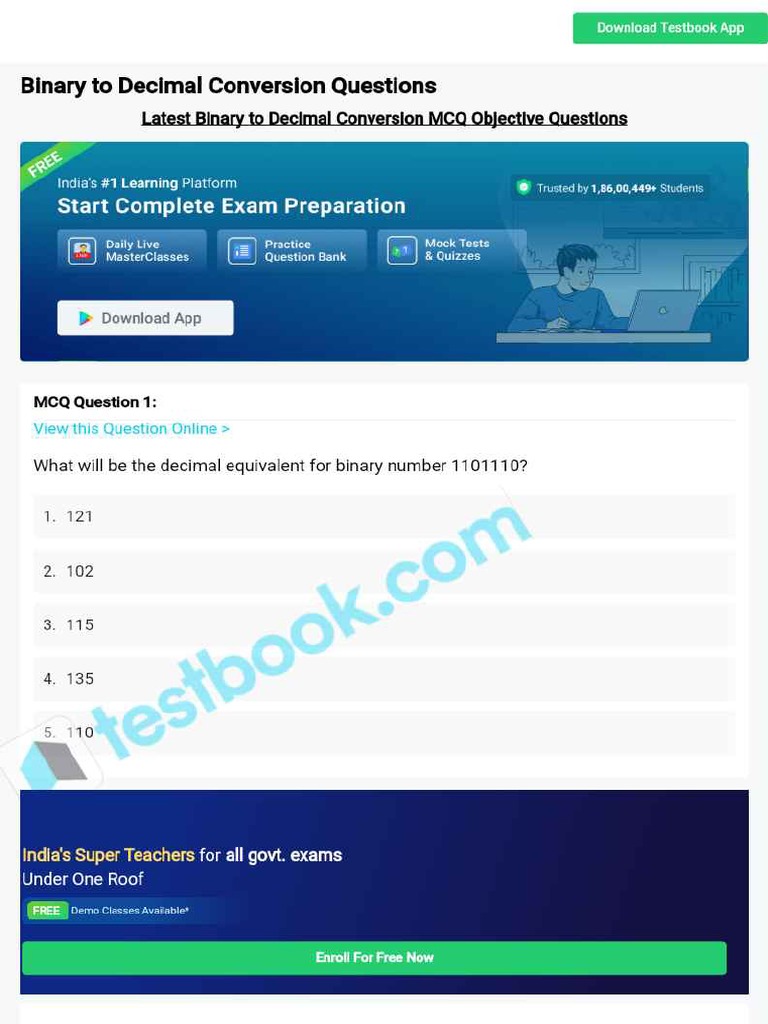 MCQ On Binary To Decimal Conversion 5eea6a1439140f30f369f145 | PDF