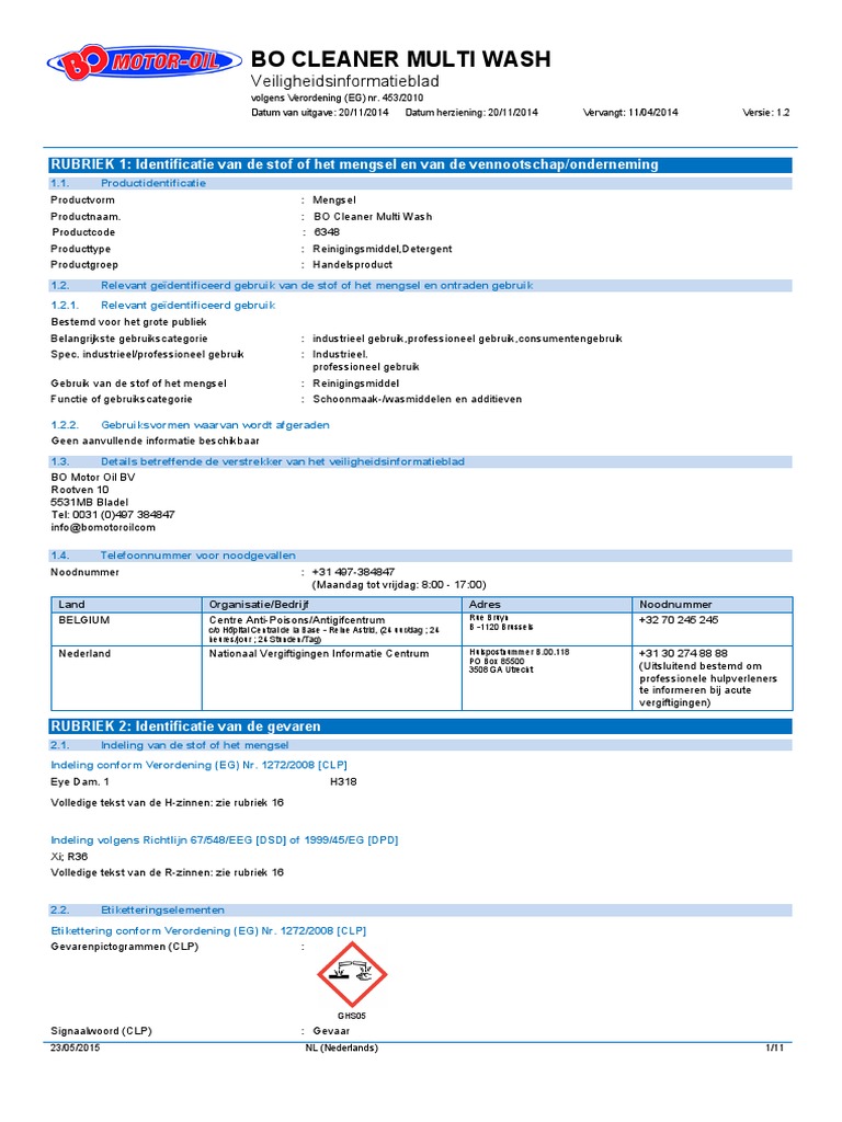 Veiligheidsblad BO Cleaner Multi Wash | PDF