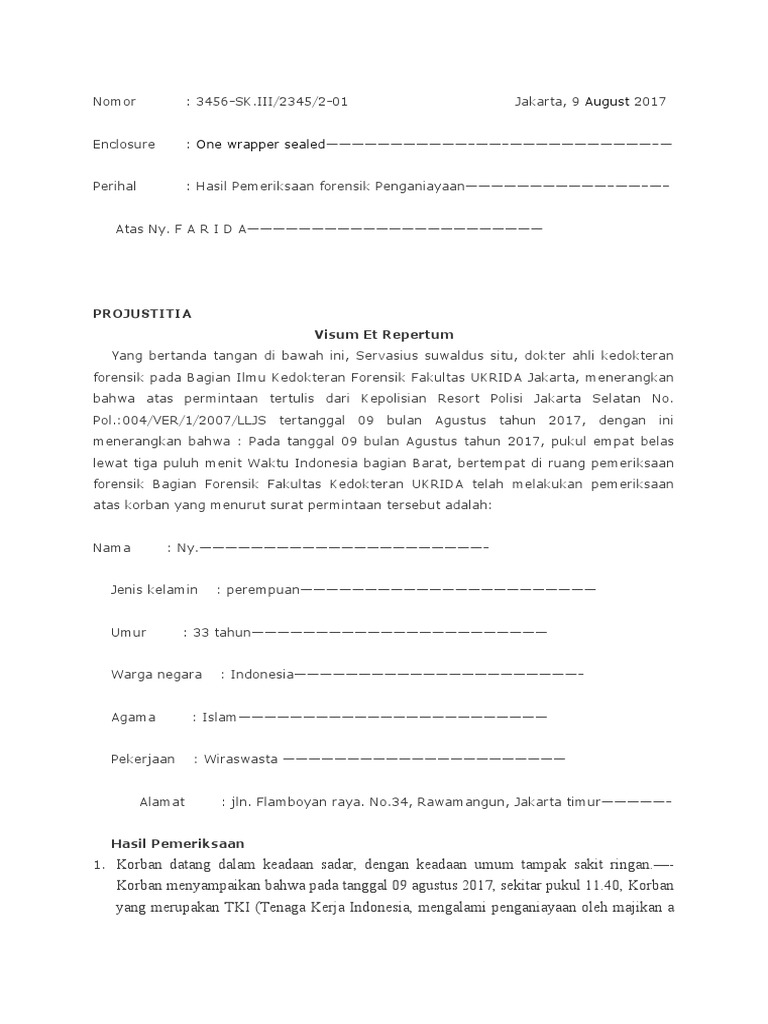 Contoh Visum Et Repertum Korban Hidup | PDF