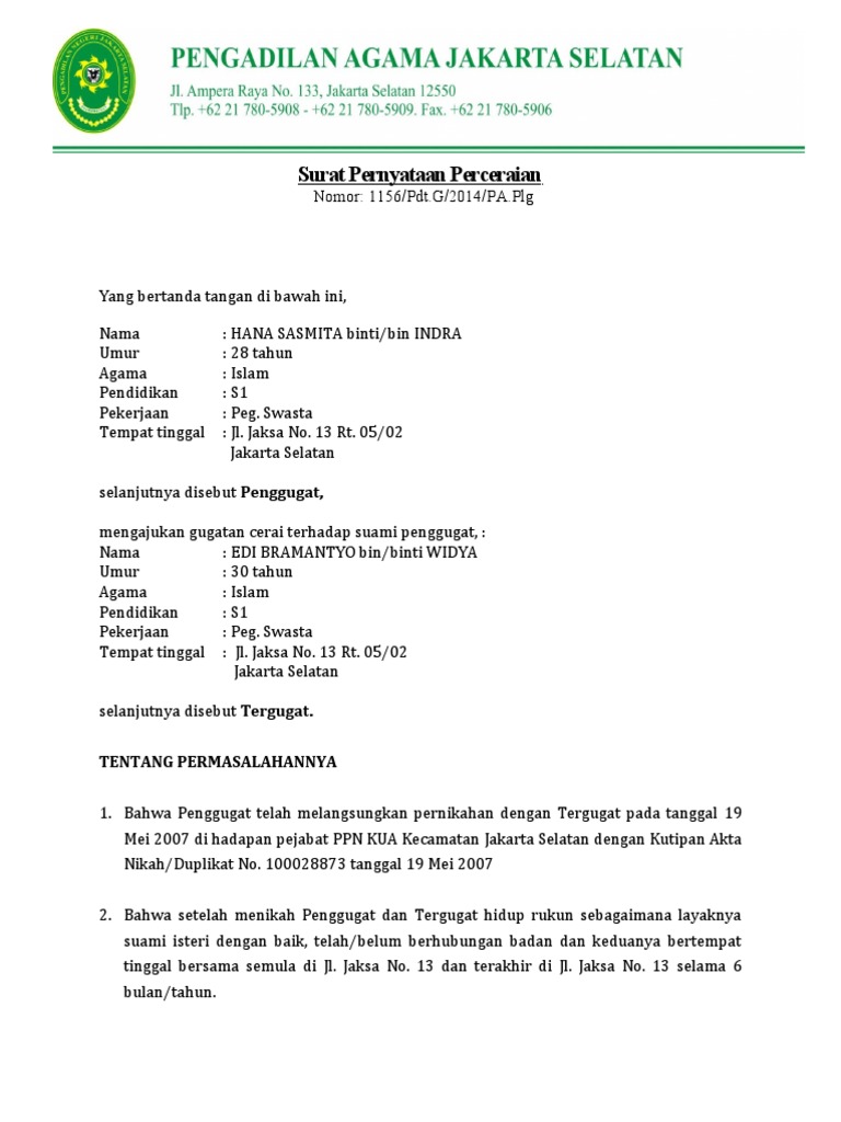 Format Surat Permohonan Cerai | PDF