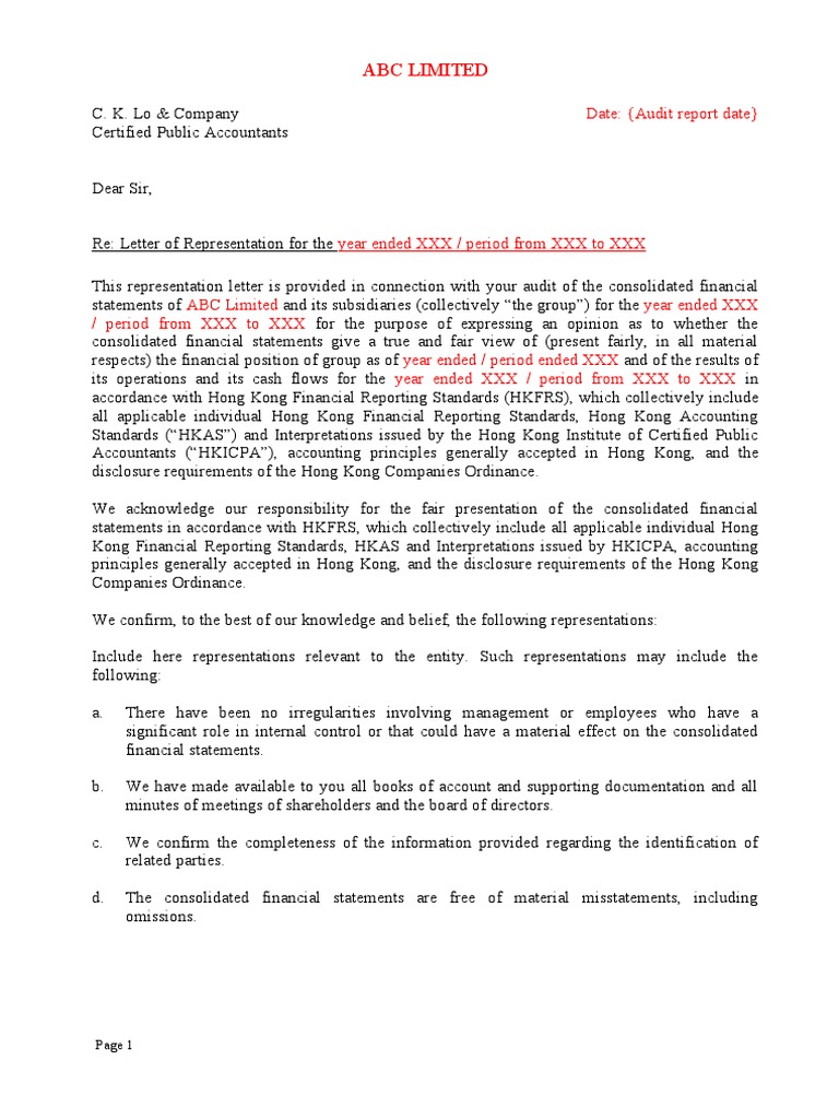 ABC Limited Audit Representation Letter | PDF | Financial Statement ...