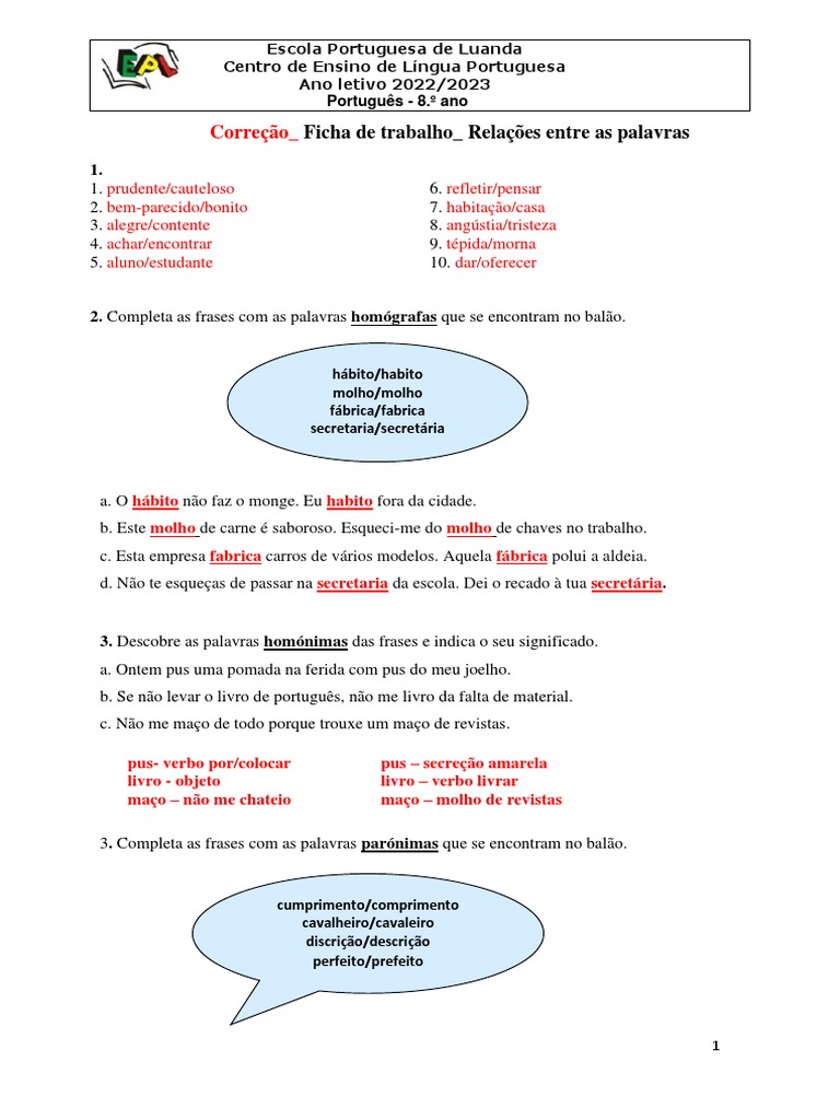 Correção Da Ficha De Trabalho Sobre Relações Entre Palavras No