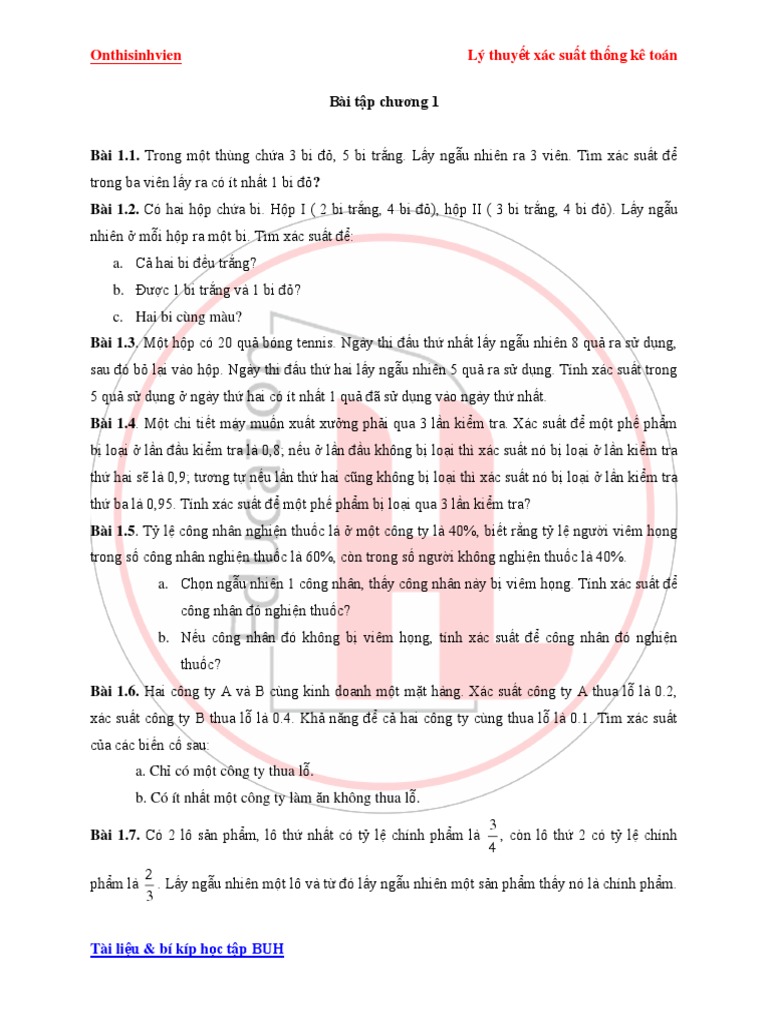 Tổng Hợp Bài Tập Tự Luận Chương 1-6 Xstk - Buh - Otsv | PDF