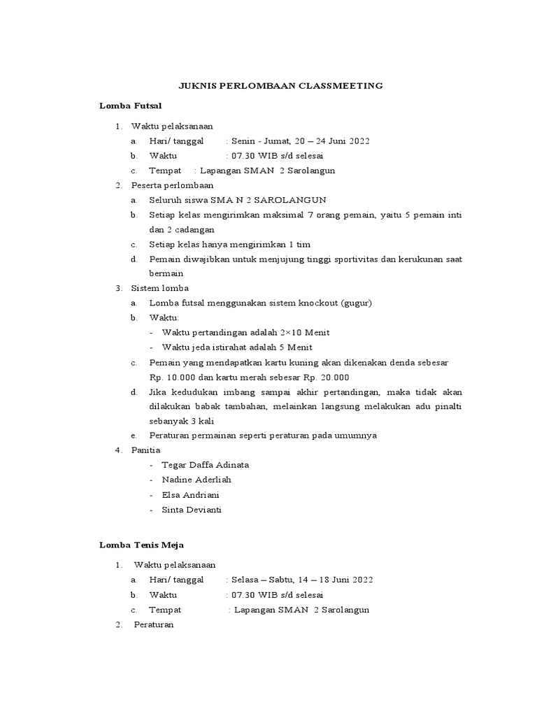 Juknis Perlombaan Classmeeting 2022 | PDF