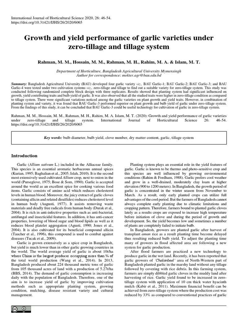 Growth and Yield Performance of Garlic Varieties Under Zero-Tillage and ...