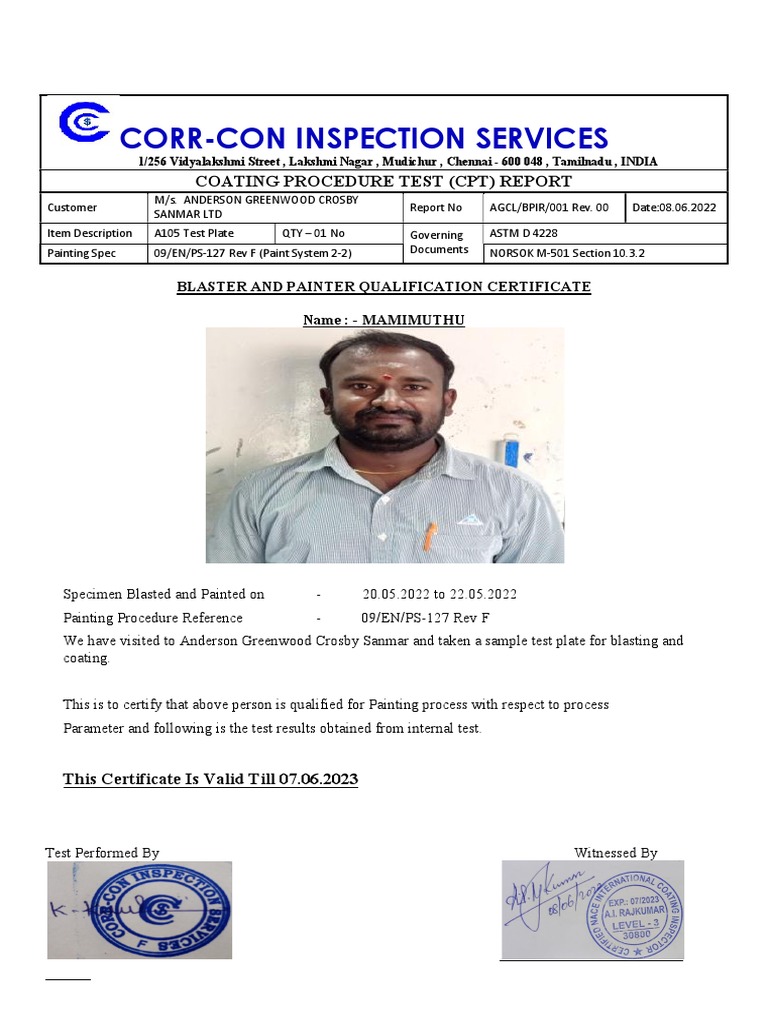 Corr-Con Inspection Services: Coating Procedure Test (CPT) Report | PDF ...