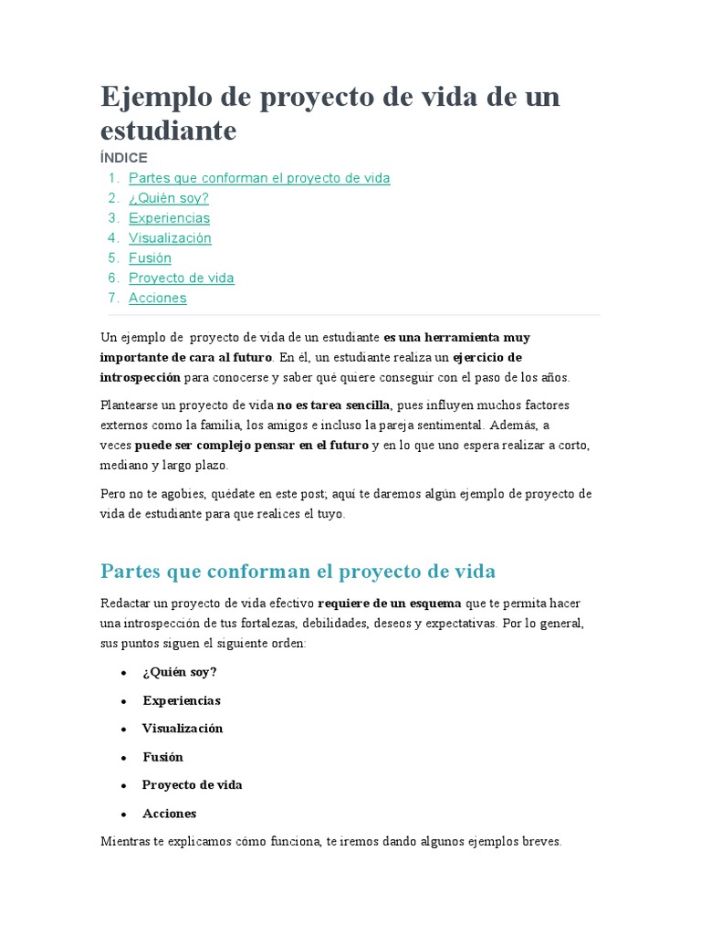 Ejemplo de Proyecto de Vida de Un Estudiante 1 | PDF | Crecimiento personal y profesional ...