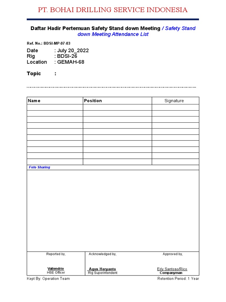 11 Safety Standdown Meeting Attendance List MVA BDSI-86 (MP-07-03) | PDF | Business | Finance ...