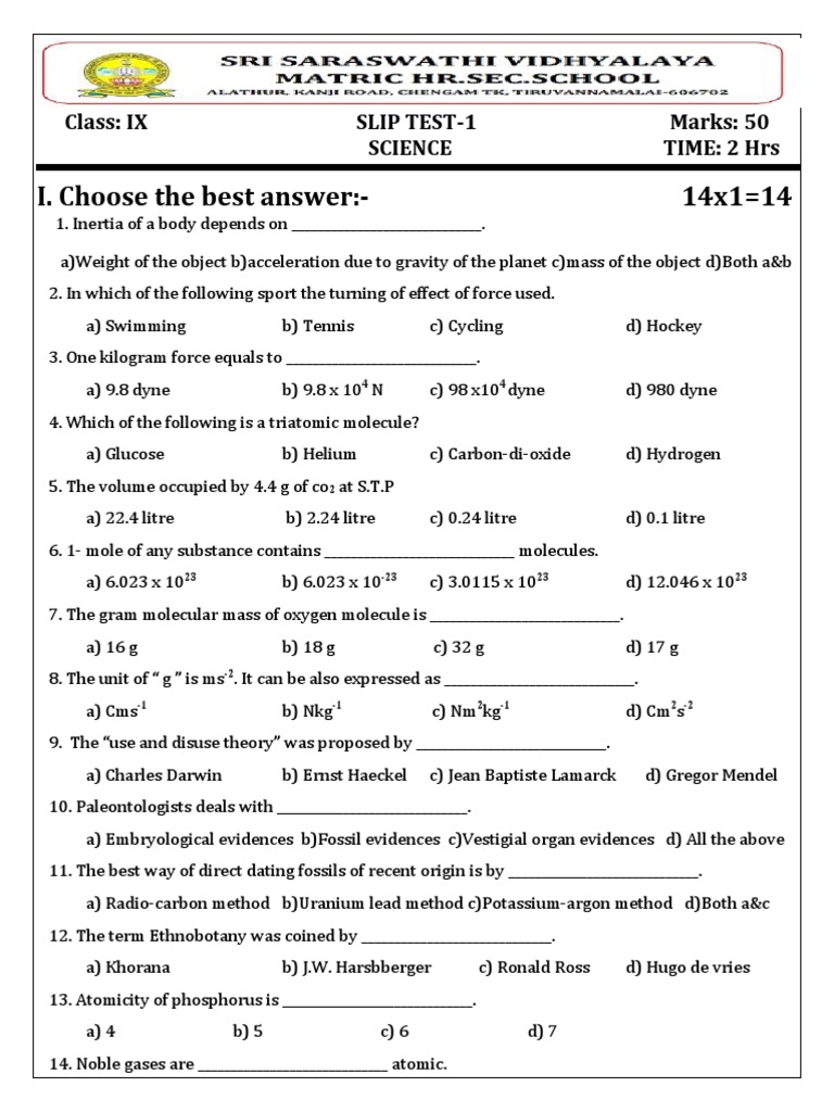 9th STD Science Slip Test 1 | PDF | Force | Mole (Unit)