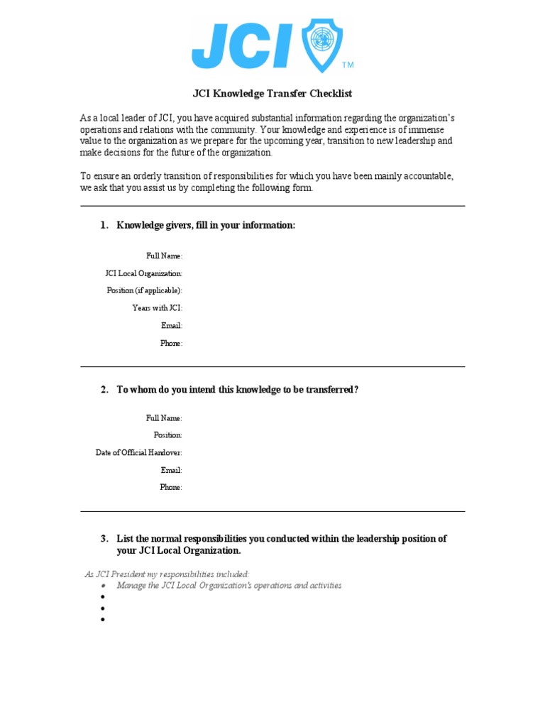 JCI Knowledge Transfer Checklist | PDF | Leadership | Business
