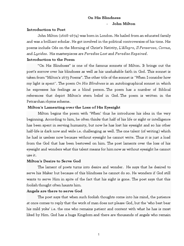 On His Blindness - Summary & Short Answers | PDF | John Milton | Poetry