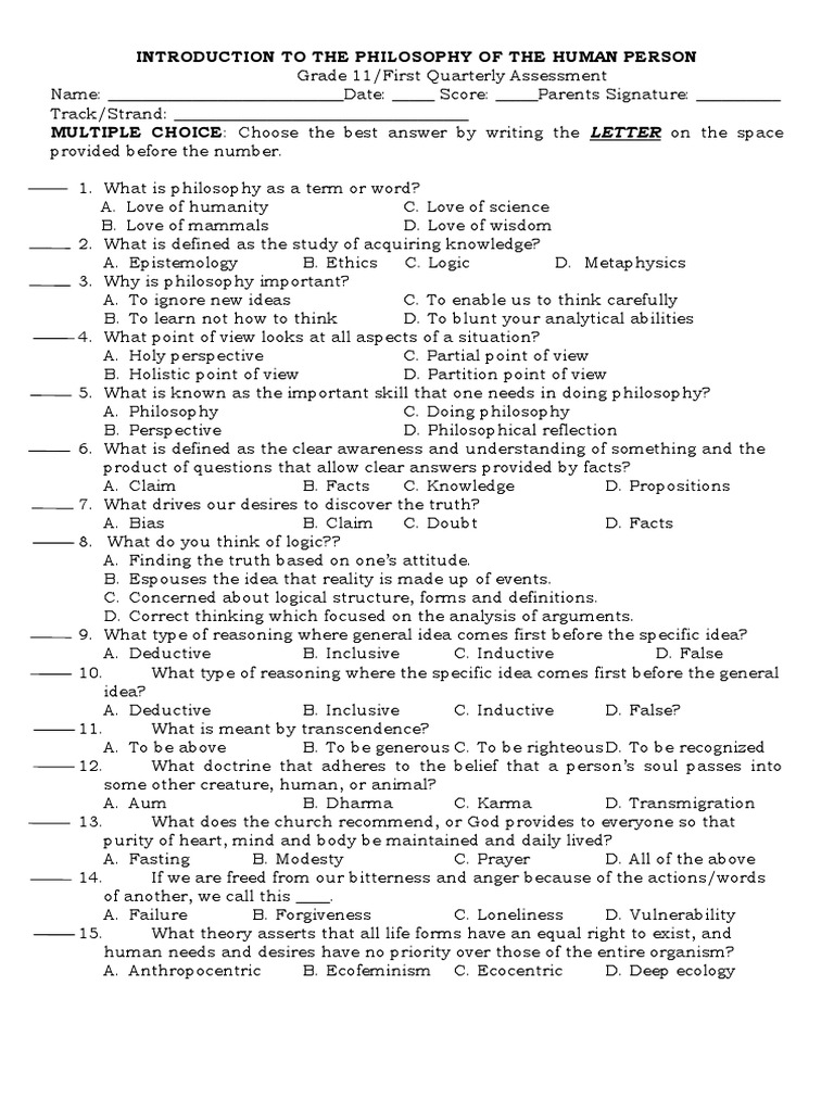 Introduction To The Philosophy 1ST Quarter Test | PDF | Logic | Idea