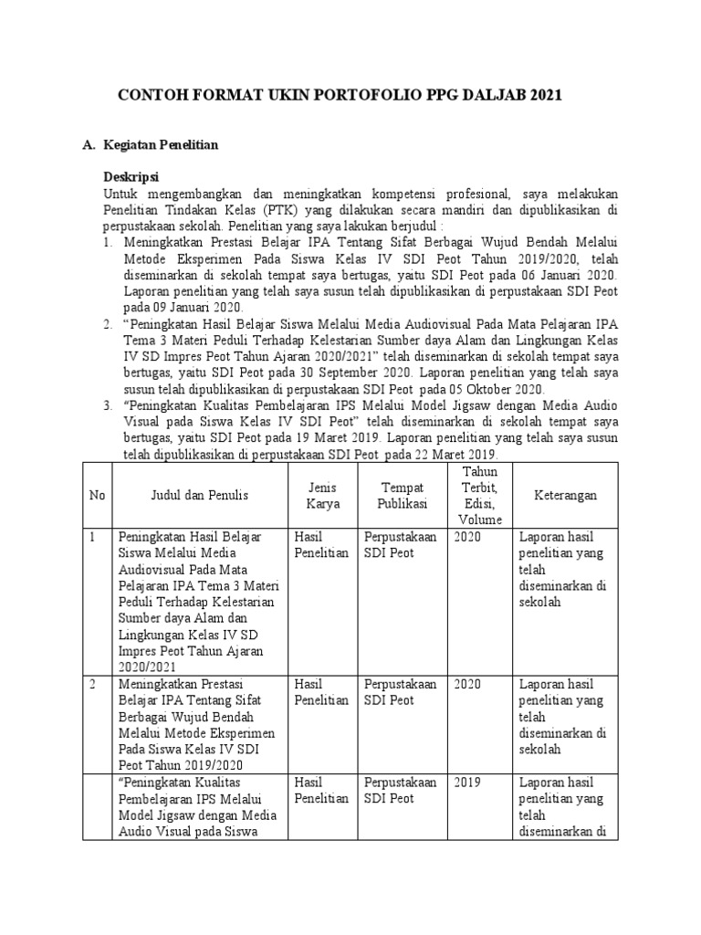 Contoh Format Ukin Portofolio PPG Daljab 2021 | PDF