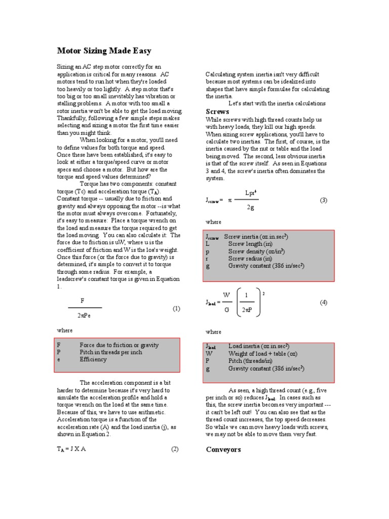 Motor Sizing Calculation | PDF | Torque | Inertia