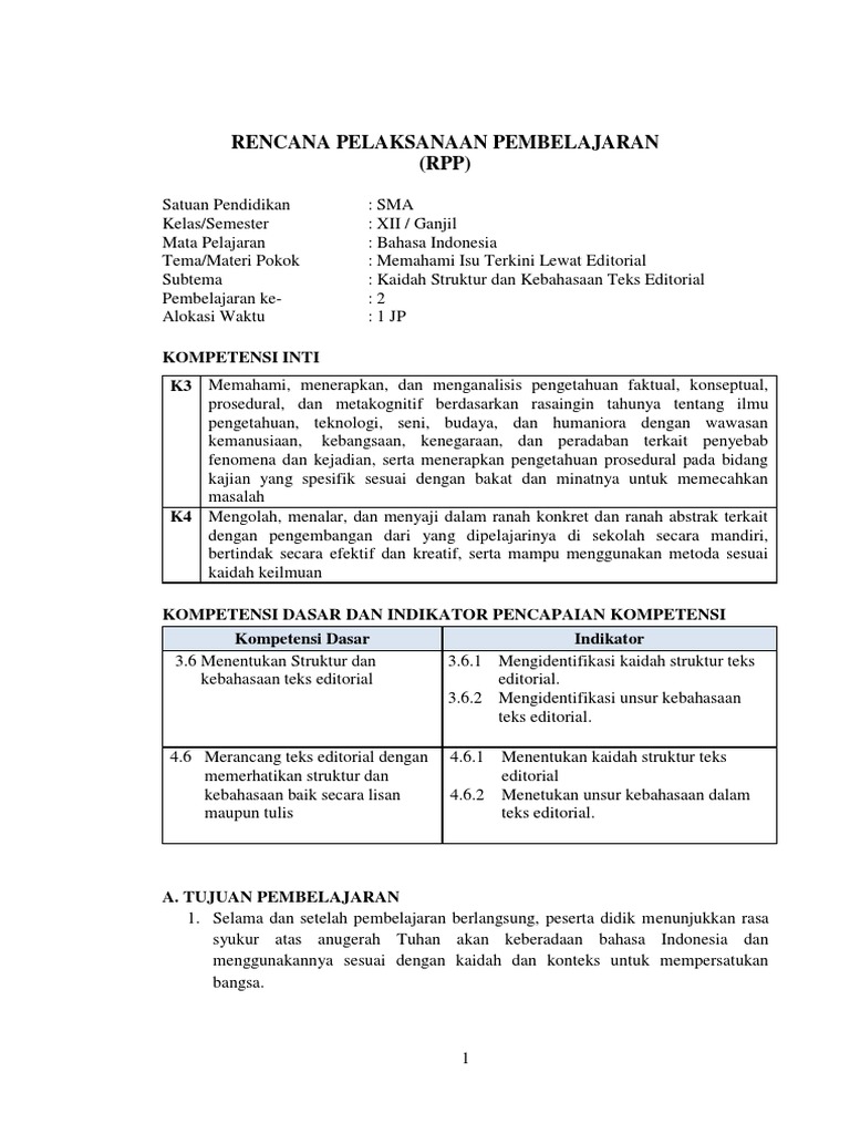 Rencana Pelaksanaan Pembelajaran (RPP) | PDF