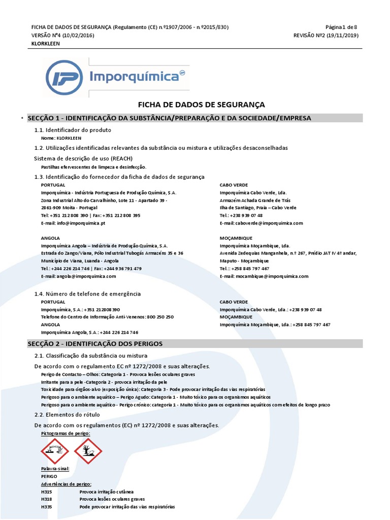 Klorkleen FDS - 00 | PDF | Cloro | Desperdício