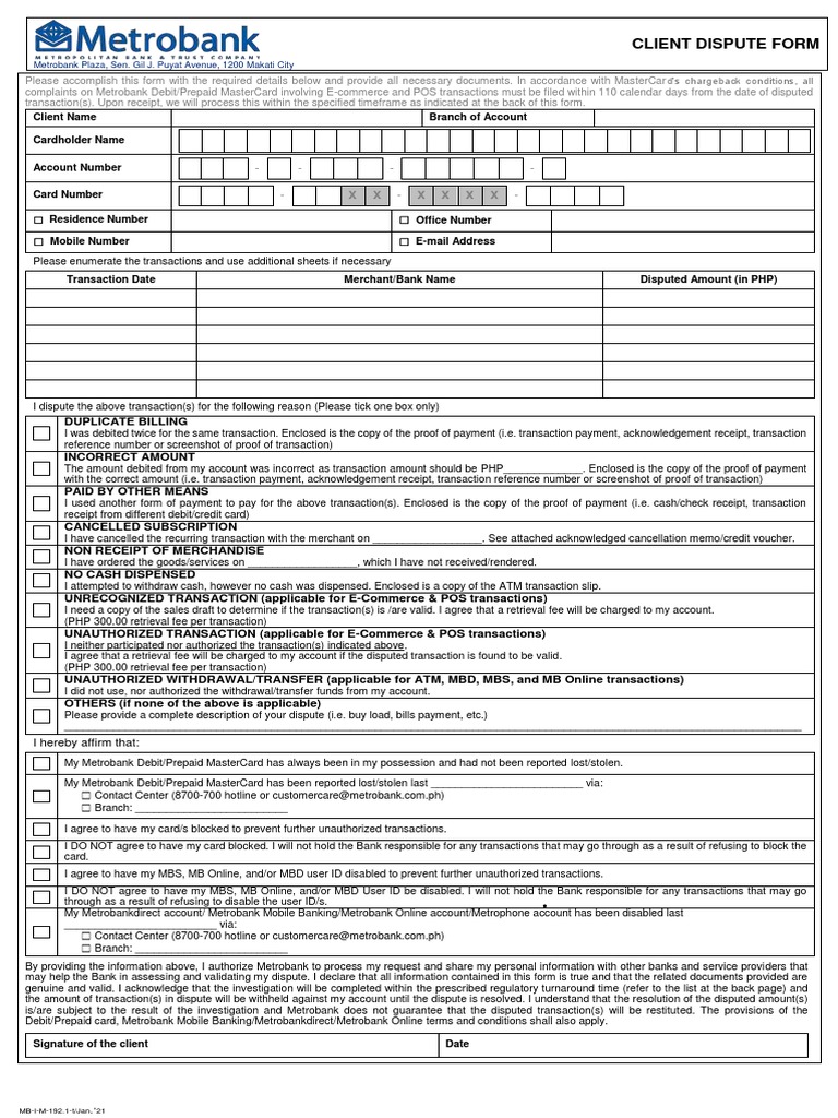 Client Dispute Form (CDF) | PDF | Debit Card | Payments