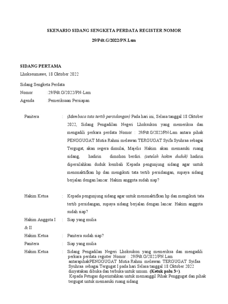 Skenario Sidang Lengkap Perdata | PDF