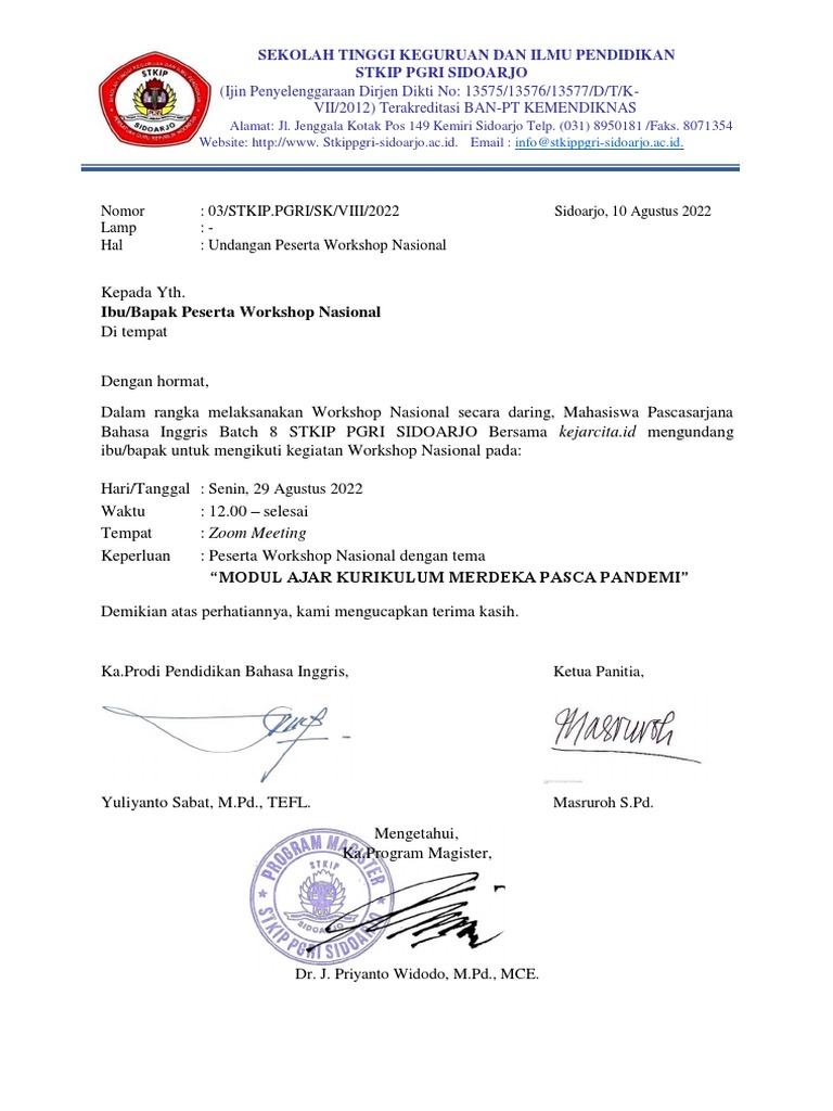 Surat Undangan Peserta Workshop | PDF