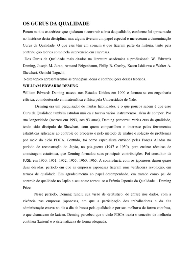 Os Gurus Da Qualidae | PDF | Qualidade (negócios) | Qualidade Os Gurus Da Qualidae | PDF | Qualidade (negócios) | Qualidade