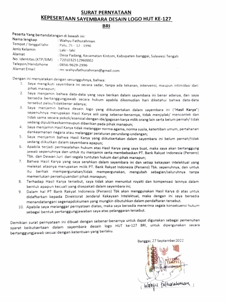 Contoh Surat Pernyataan Sayembara | PDF