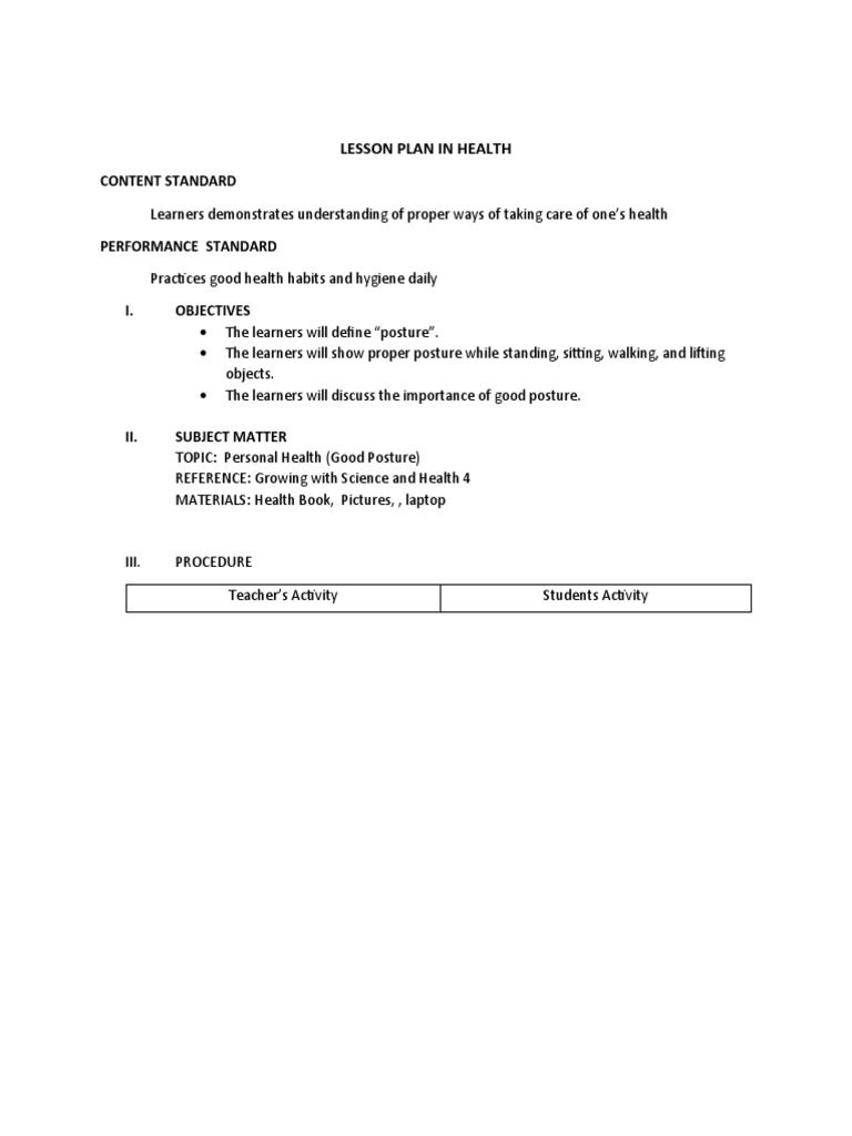 Lesson Plan In Health Pdf Lesson Plan Teachers