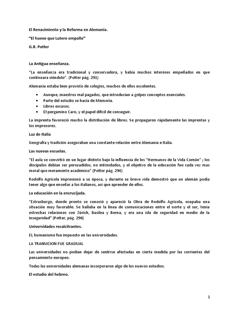Resumen de Potter Renacimiento y Reforma en Alemania | PDF | Martin ...