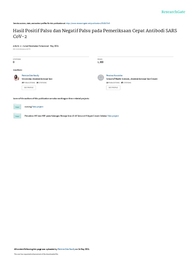 Hasil Positif Palsu Dan Negatif Palsu Pada Pemeriksaan Cepat Antibodi Sars Cov-2 | PDF