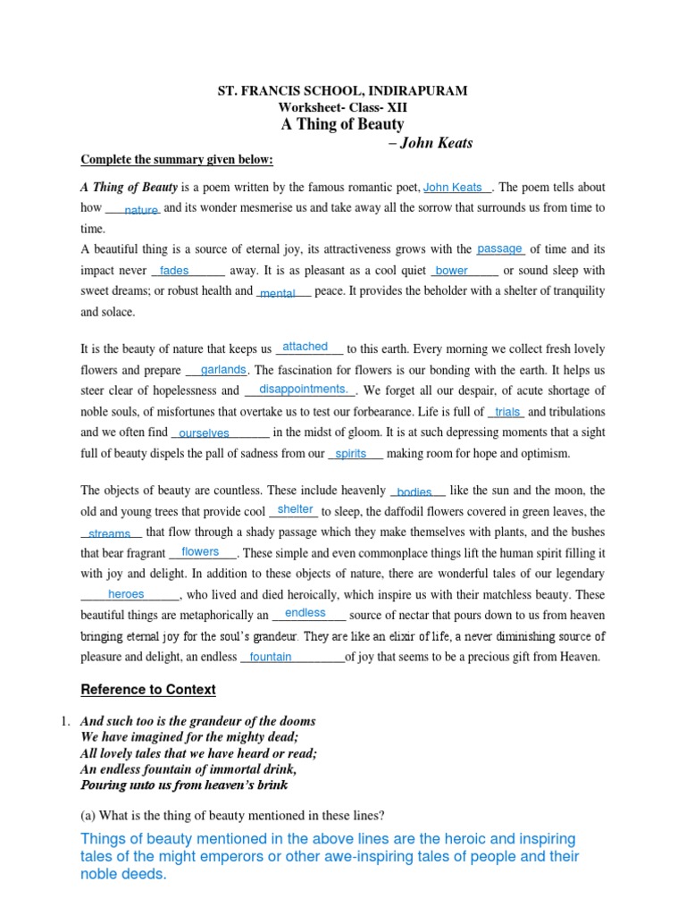 "A Thing of Beauty: Class XII Worksheet" | PDF | Beauty | Heaven